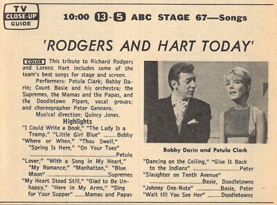 1967 TV GUIDE AD~BOBBY DARIN PETULA CLARK ABC STAGE 67 Rodgers and Hart ...