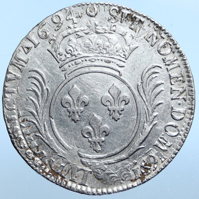 1694 A FRANCE King LOUIS XIV FLEUR DE LIS Old Silver French 1 Ecu Coin ...