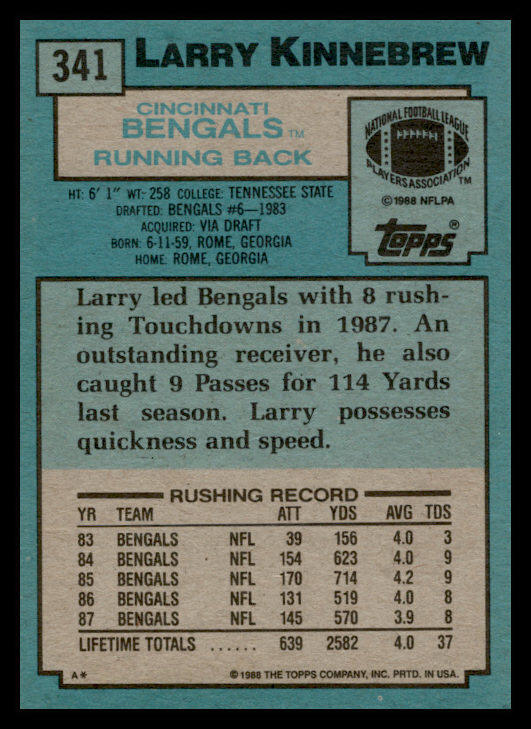 1988 Topps Larry Kinnebrew #341 Cincinnati Bengals | eBay