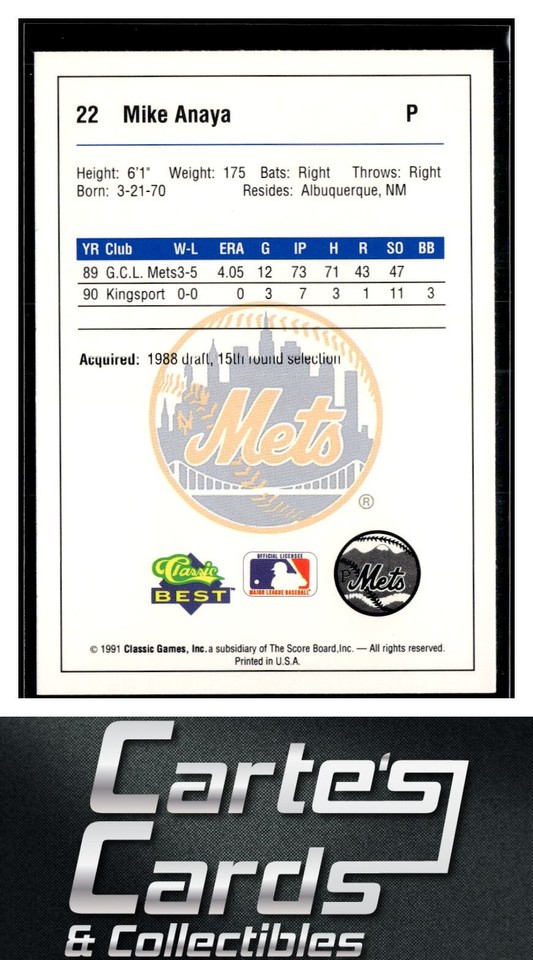 Mike Anaya 1991 Classic Best Pittsfield Mets #22 New York | eBay