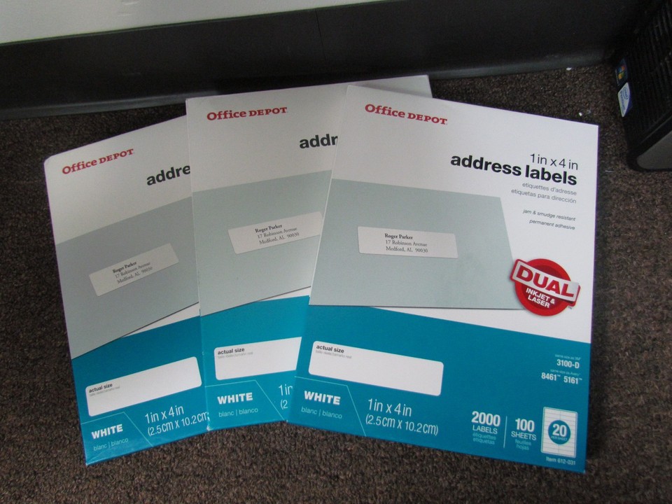 LOT OF 3 x Office Depot WHITE ADDRESS LABELS same size as 3M 1" x 4 ...