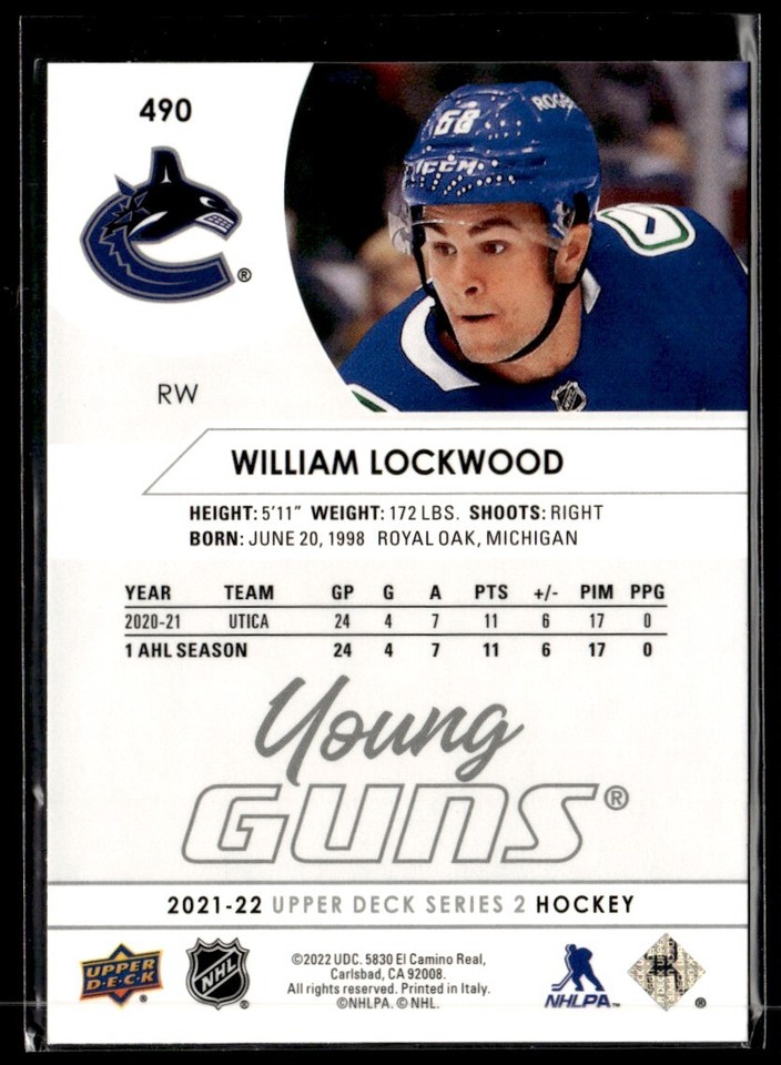 2021-22 Upper Deck Young Guns William Lockwood Rookie Vancouver Canucks ...