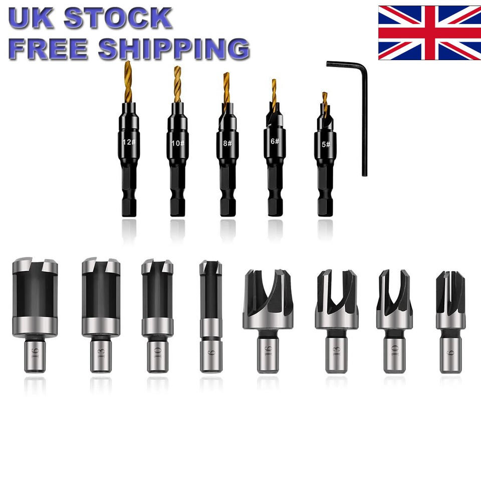 14pcs Countersink Drill Bit Set Kit with Wood Plug Cutter Tool Bits ...