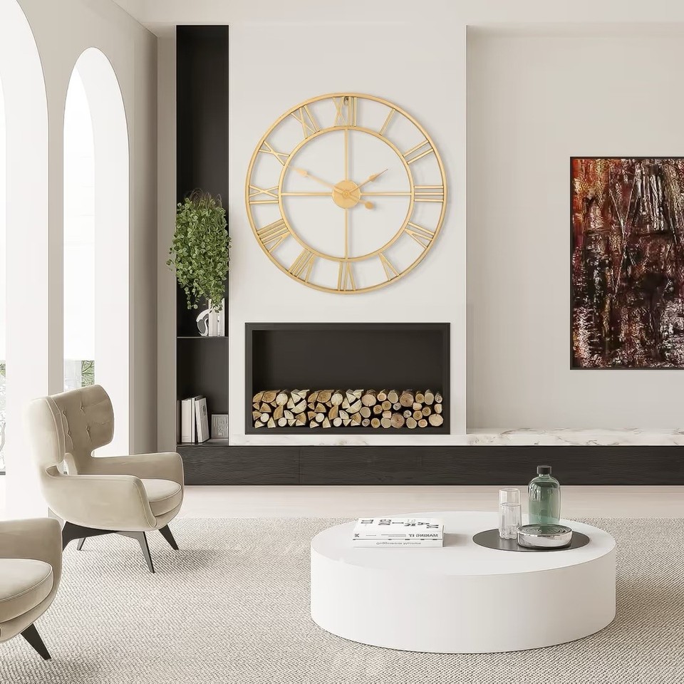 Large Wall Clock Roman Numerals Modern Metal Easy to Read Gold80cm RRP ...