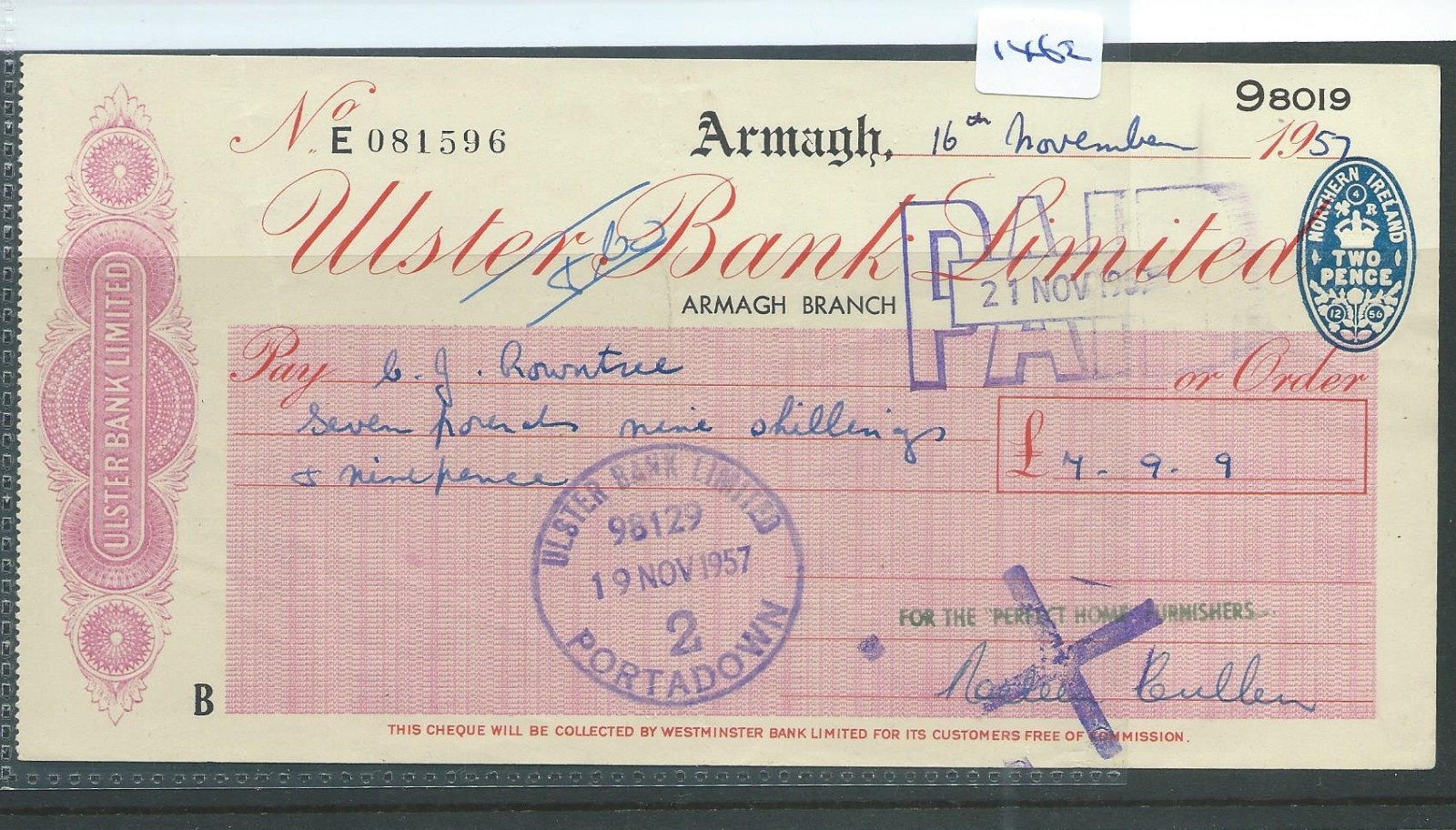 CHEQUE - CH1462 - USED -1957 - ULSTER BANK, ARMAGH | eBay UK