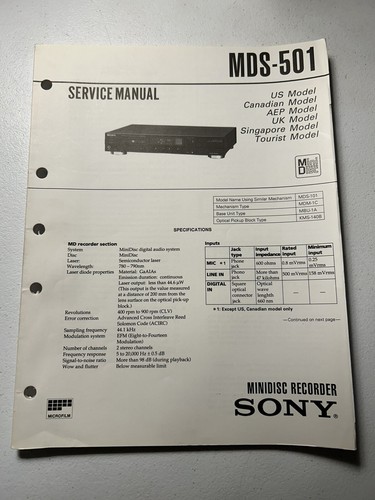 Sony MDS-501 Minidisc MD Recorder Deck Service Manual Original OEM ...