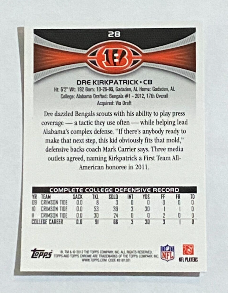 2012 Topps Chrome Rookie Card #28 Dre Kirkpatrick Cincinnati Bengals | eBay