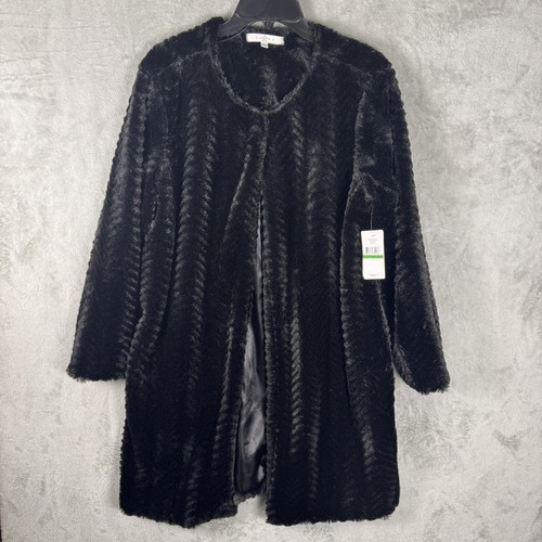 Fever Faux Fur Coat Womens Large Black Plush Lined Open Front Jacket ...