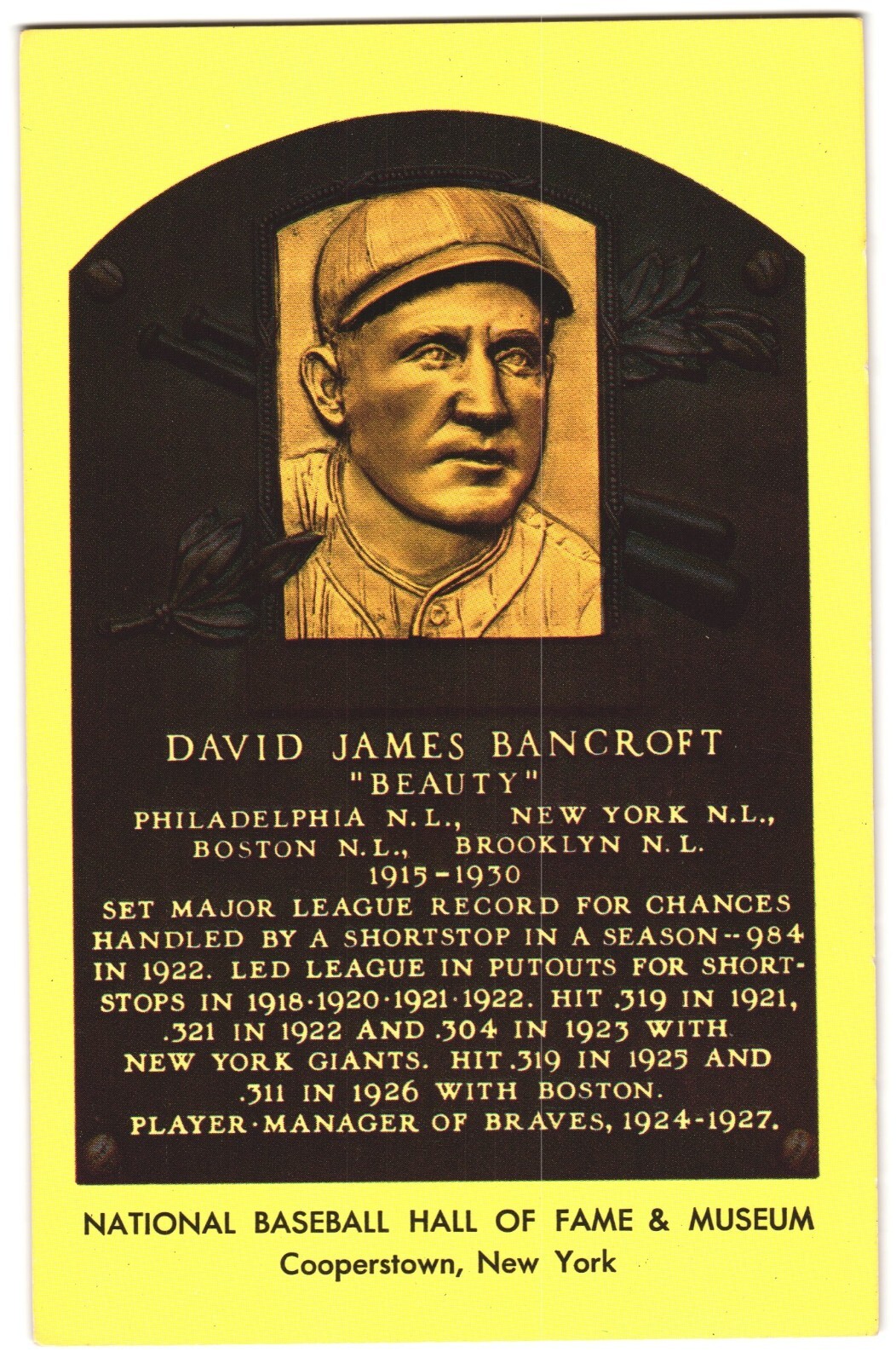 David Bancroft Yellow Hall of Fame MLB Plaque Postcard | eBay