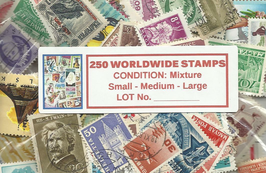 250 Worldwide Stamps - All Different! Mixture of Large, Medium and ...