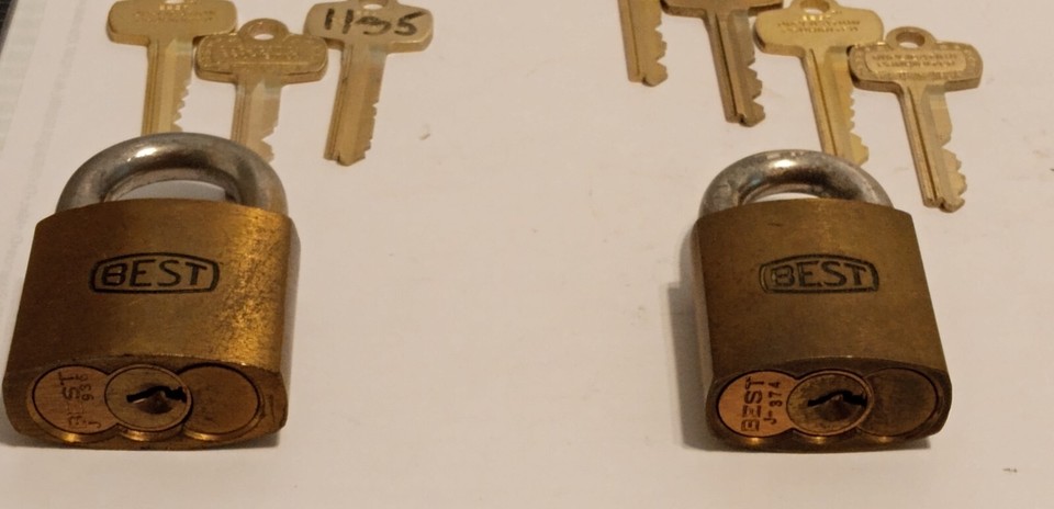 2 EA. OLDER-ALL BRASS BEST TI LOGO PADLOCKS-WITH ORIGINAL CORES AND ...
