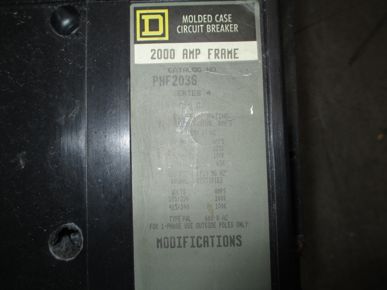 Sq D PHF2036 2000A Frame 800A Rated 3P 600V Circuit Breaker MO/FM Used ...