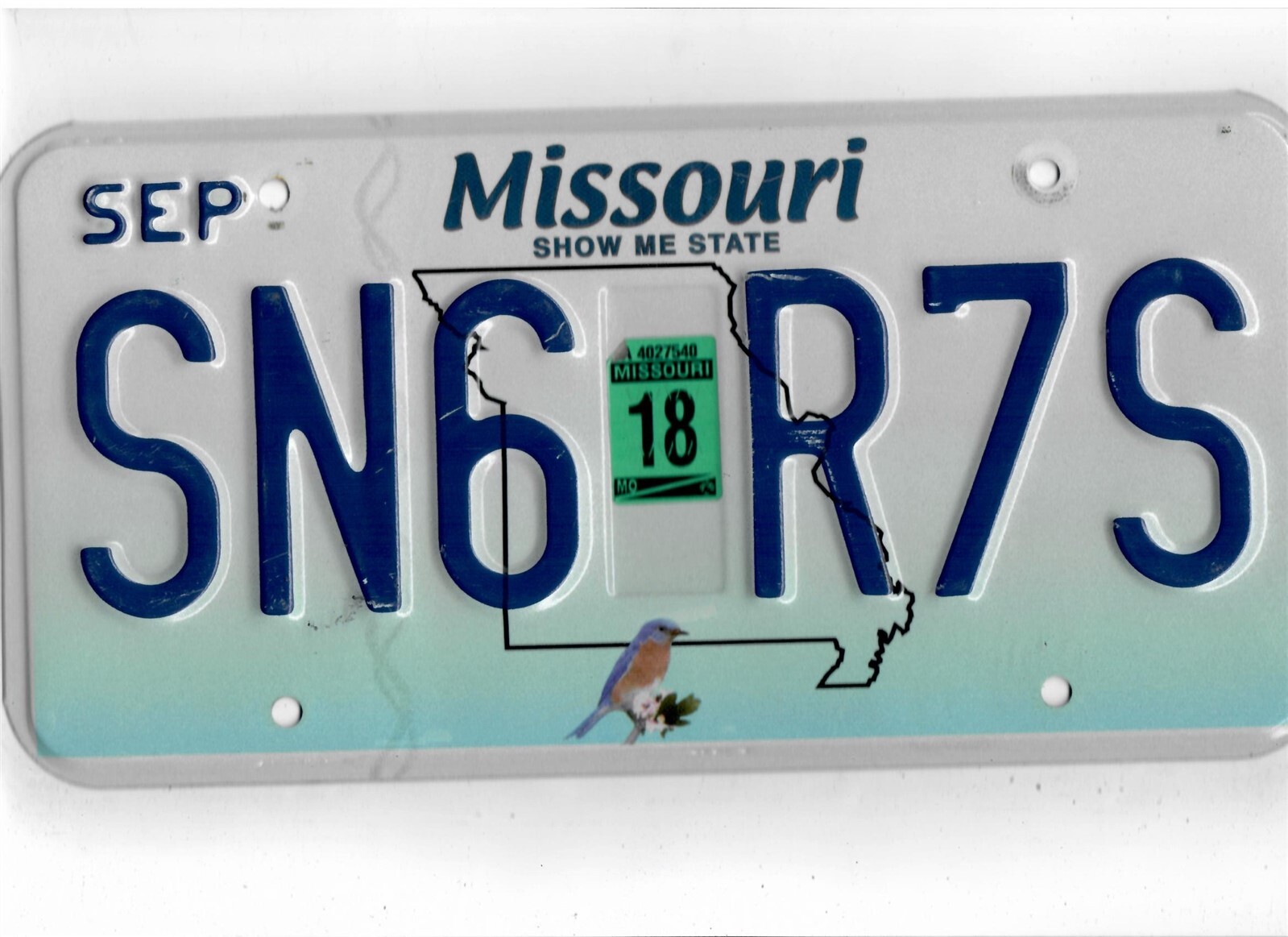 MISSOURI passenger 2018 license plate "SN6 R7S" ***NATURAL*** | eBay