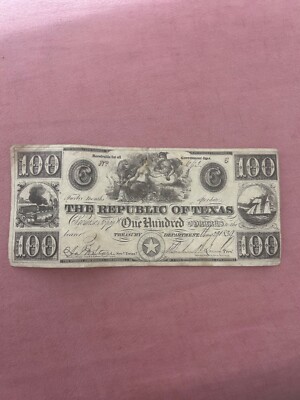 1839 $100 One Hundred Republic of Texas Bank Note #51623F | eBay