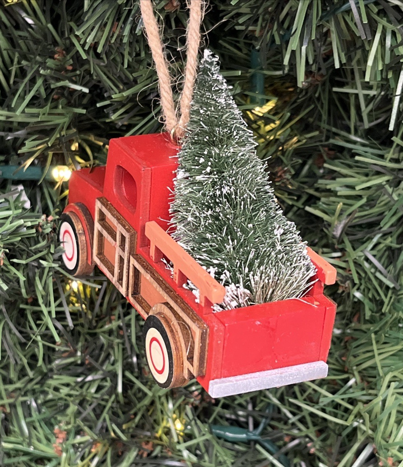 Set of 3 Farmhouse Red Truck with Christmas Tree Ornaments Wooden Decor ...