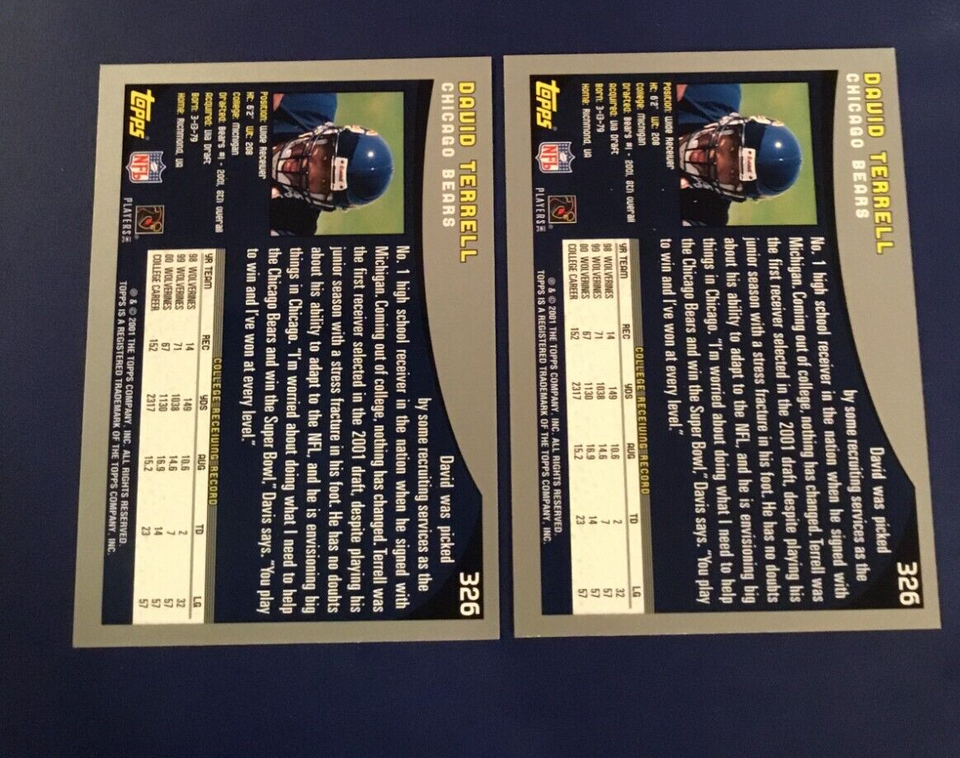 2001 Topps # 326 DAVID TERRELL Rookie Lot 2 Chicago Bears Michigan ...