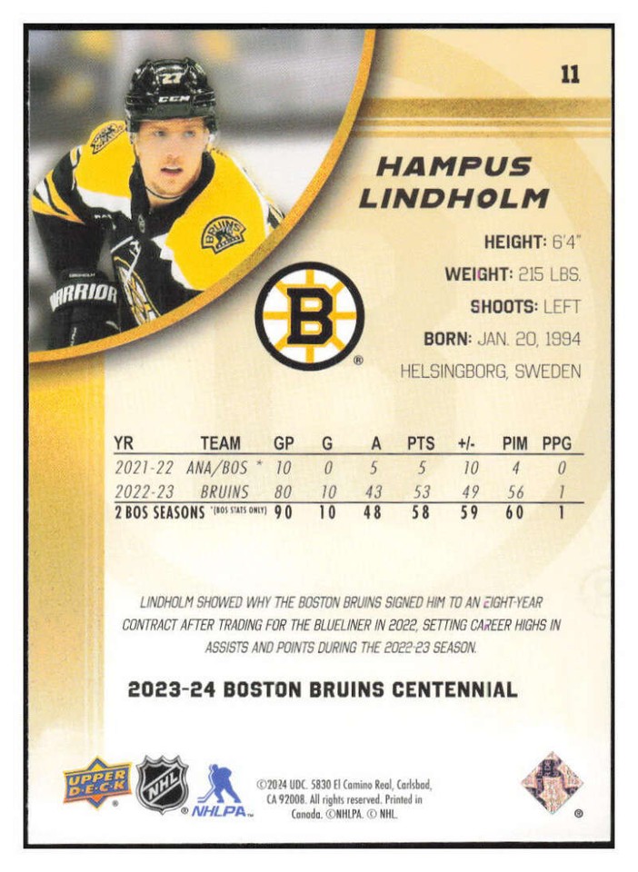 Hampus Lindholm 2023-24 Upper Deck Boston Bruins Centennial #11 NHL Box ...