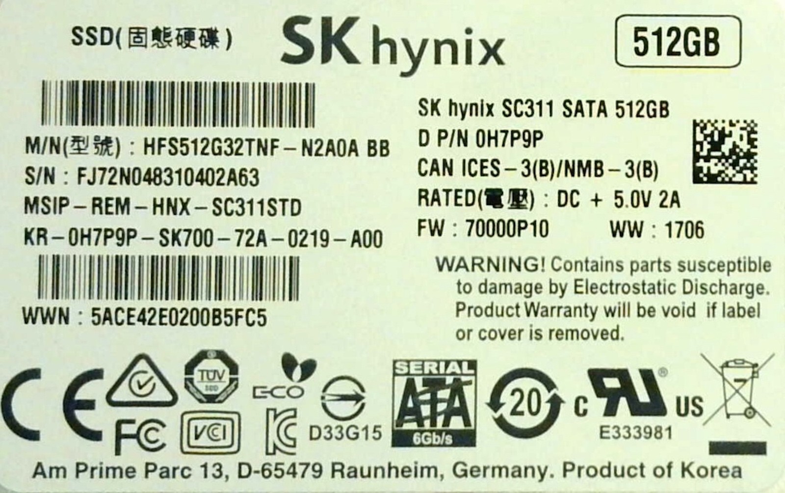 SK Hynix SC311 512GB 2.5" 6GBps SATA SSD HFS512G32TNF Dell H7P9P - La ...