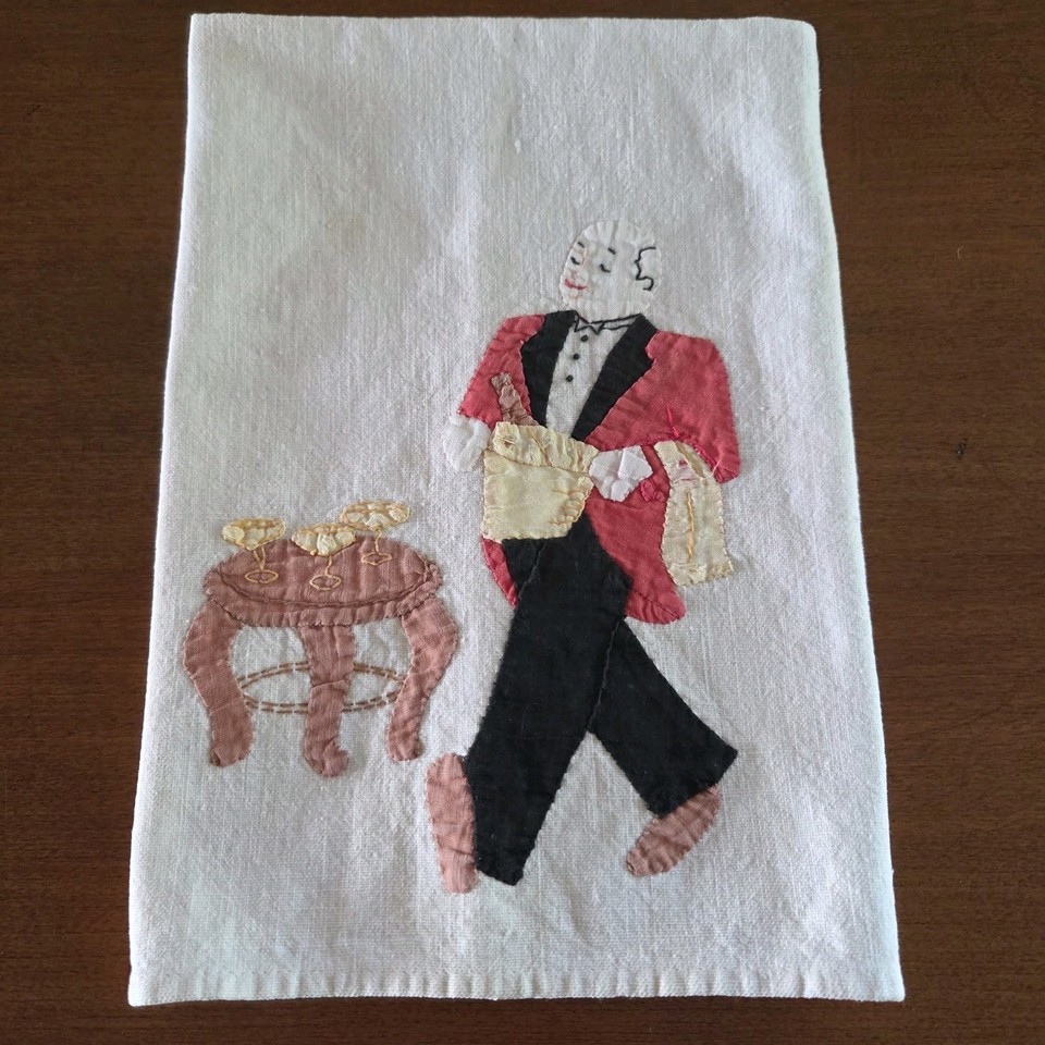 Vintage Needlepoint Tea Towel Applique Butler Man Serving Drinks Bar ...