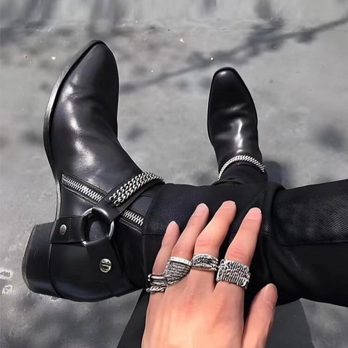 British Runway Cowboy Mens Real Leather Chains Chelsea Boots Pointed ...