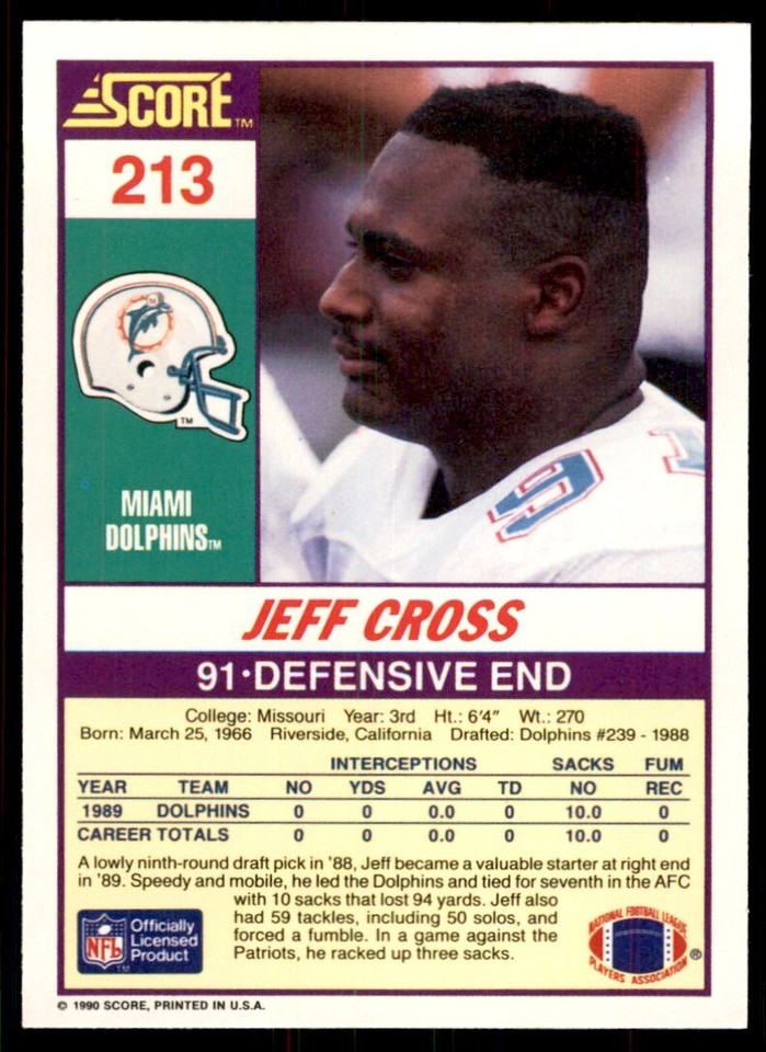 1990 Score Jeff Cross Miami Dolphins #213 | eBay