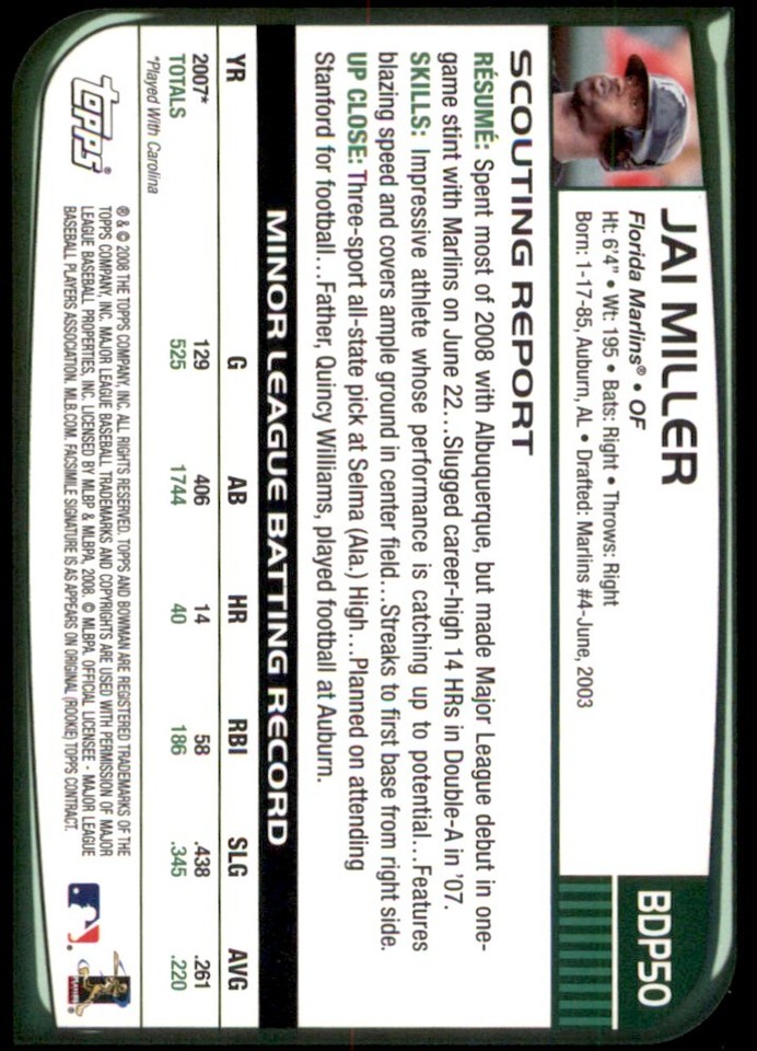 2008 BOWMAN DRAFT PICKS & PROSPECTS JAI MILLER RC FLORIDA MARLINS # ...