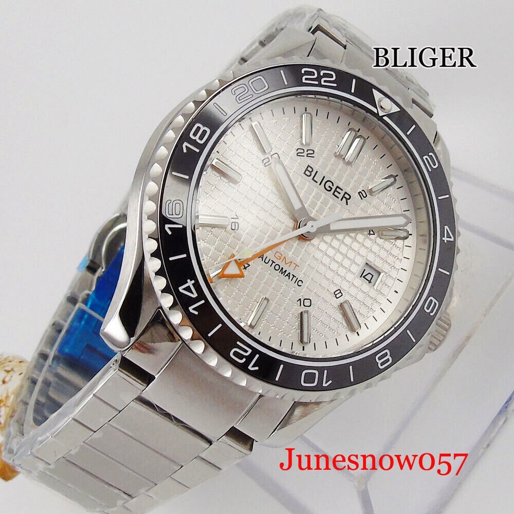 BLIGER Automatic Men Watch Sapphire GMT Date Steel Bracelet Rotating ...