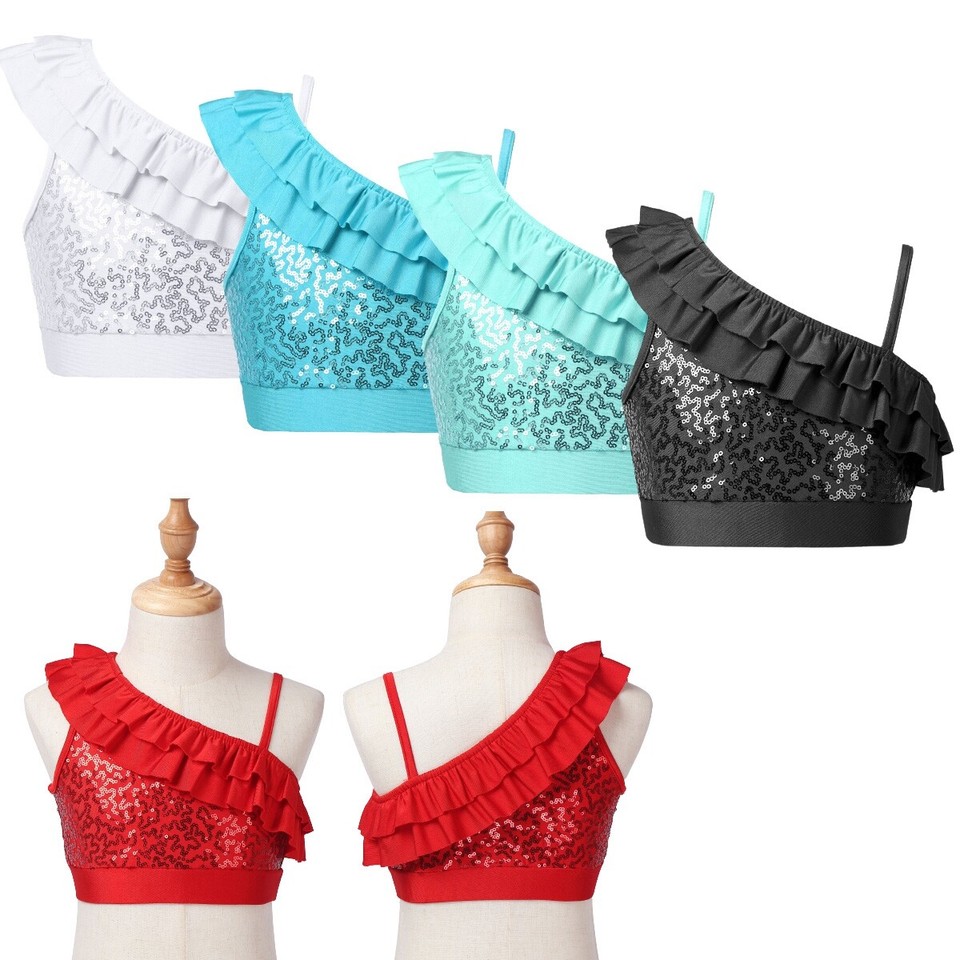 Girls Sequined Ruffled Ballet Dance Crop Top Modern Jazz One Shoulder ...