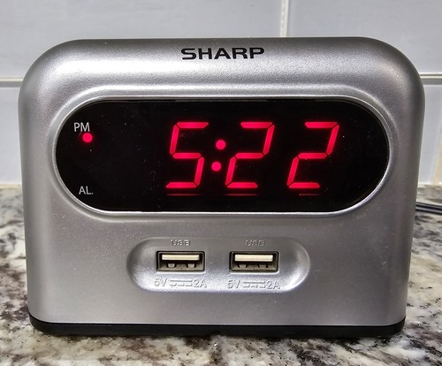 Sharp Digital Alarm Clock Model SPC193 Silver 2x USB 2A Charging Ports ...
