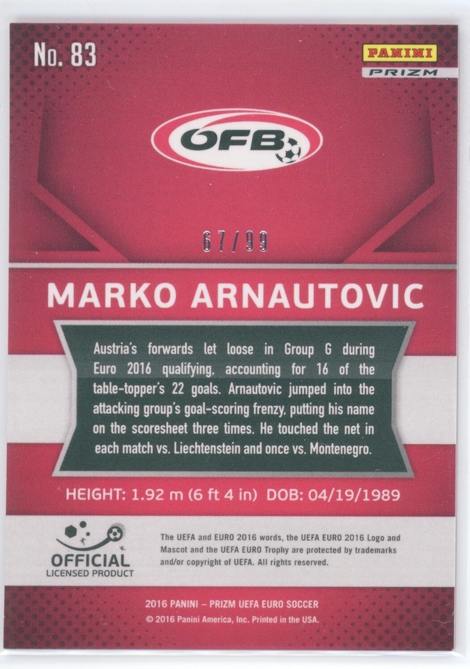 MARKO ARNAUTOVIC 2016 PANINI PRIZM EURO PURPLE #67/99 | eBay