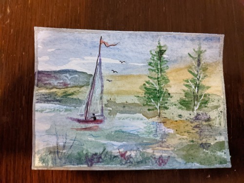 Aceo original art painting Pen Signed Markers Watercolor Sailing Boat ...