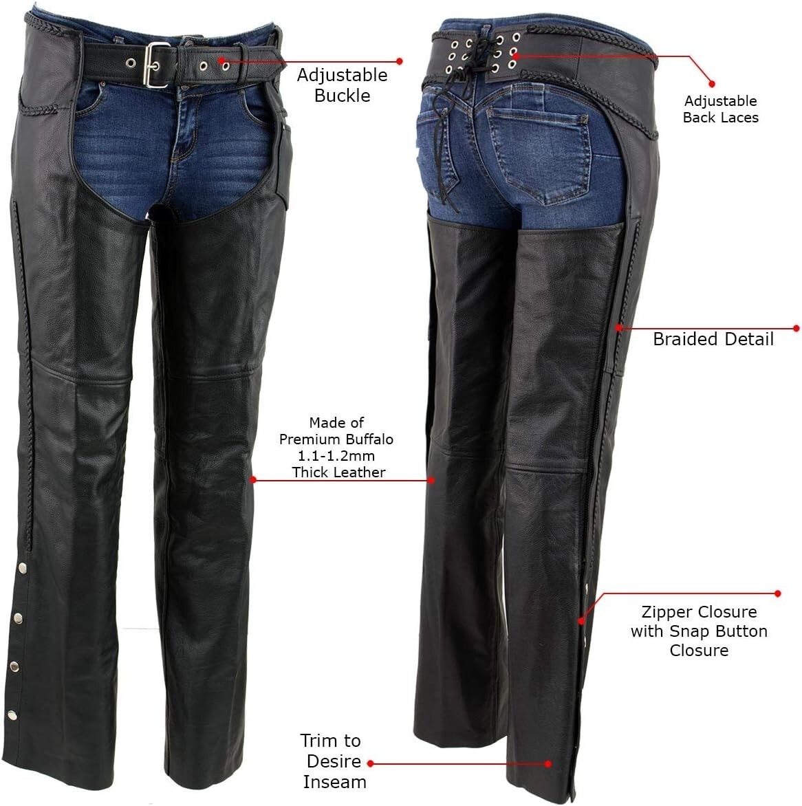 Xelement 7701 Women's Black 'Braided' Leather Motorcycle Chaps Size 10 ...