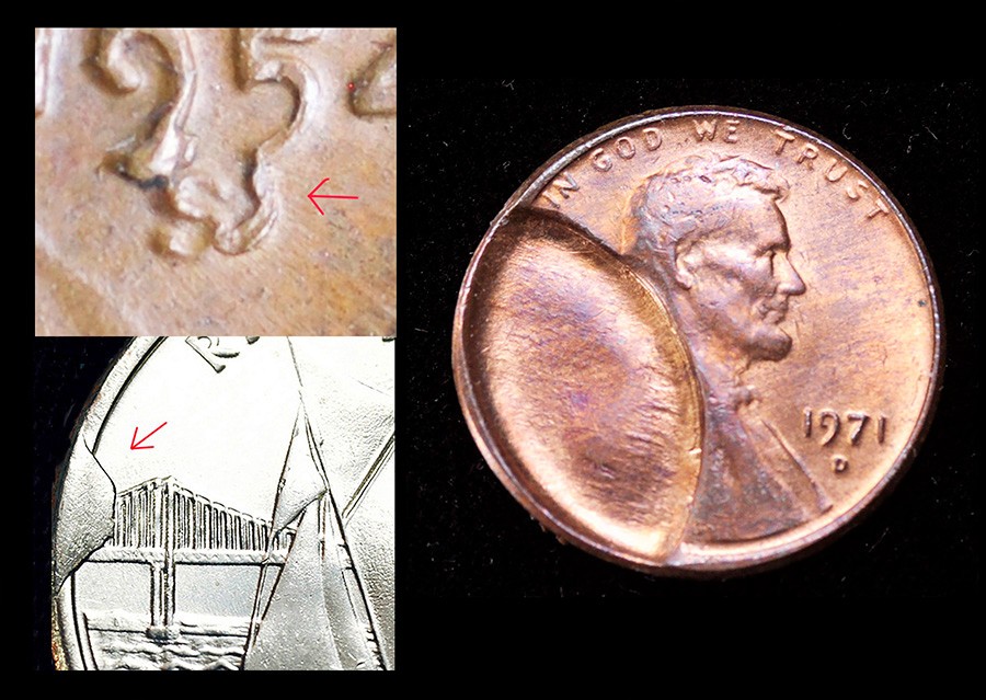 Lot (3) Error coins RI quarter cud 1971-D cent Indent 1954-S cent odd ...