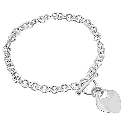 Sterling Silver Dangle Heart Tag Charm Link Toggle Wrist Bracelet | eBay