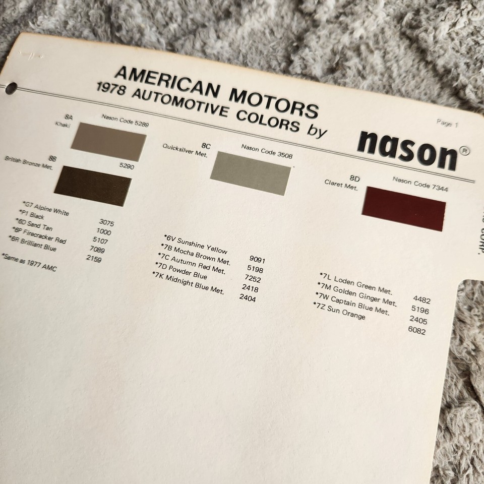 1978 American Motors Automotive Colors by Nason Paint Chip Sample Sheet ...