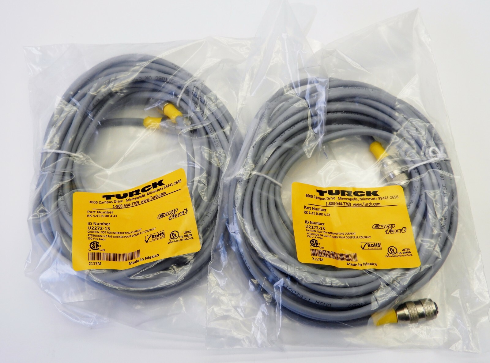 Lot of 2 Turck RK 4.4T-8-RK 4.4T, U2272-13 M12 Euro Fast Cable Cordset ...