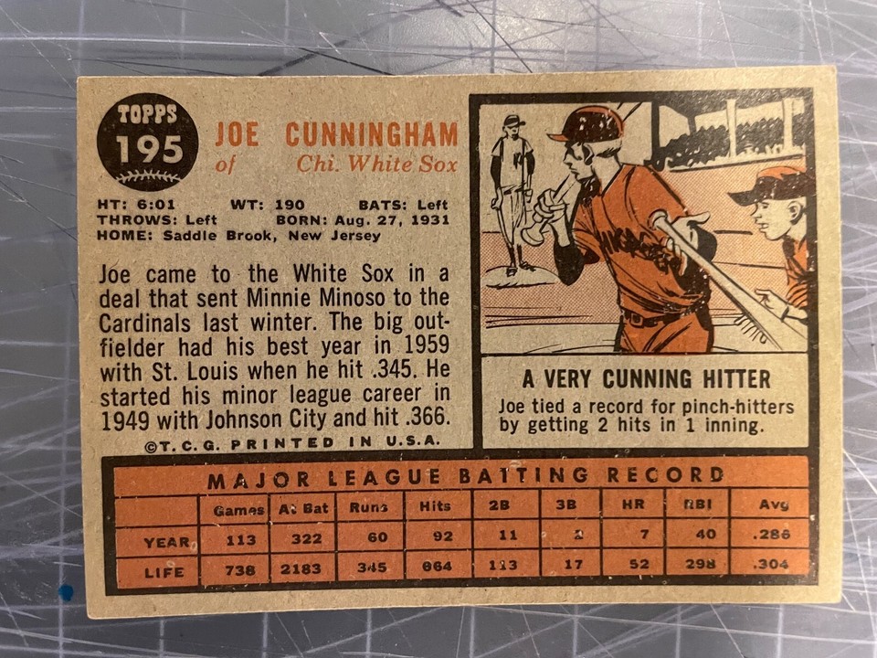 1962 TOPPS #195 JOE CUNNINGHAM CHICAGO WHITE SOX BASEBALL CARD NM/MT | eBay