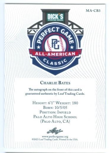 CHARLIE BATES "METAL AUTOGRAPH CARD" LEAF PERFECT GAME AAC METAL 2023 ...