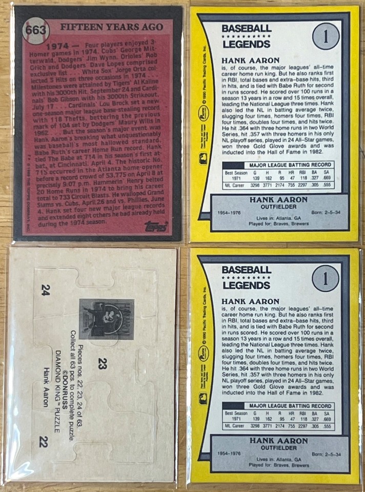 4 Hank Aaron Cards 89 Topps Turn Back the Clock, 90 Pacific Baseball ...