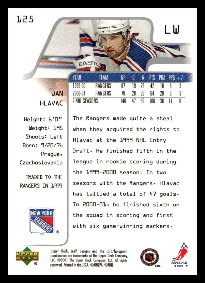 2001 Upper Deck MVP #125 Jan Hlavac New York Rangers | eBay