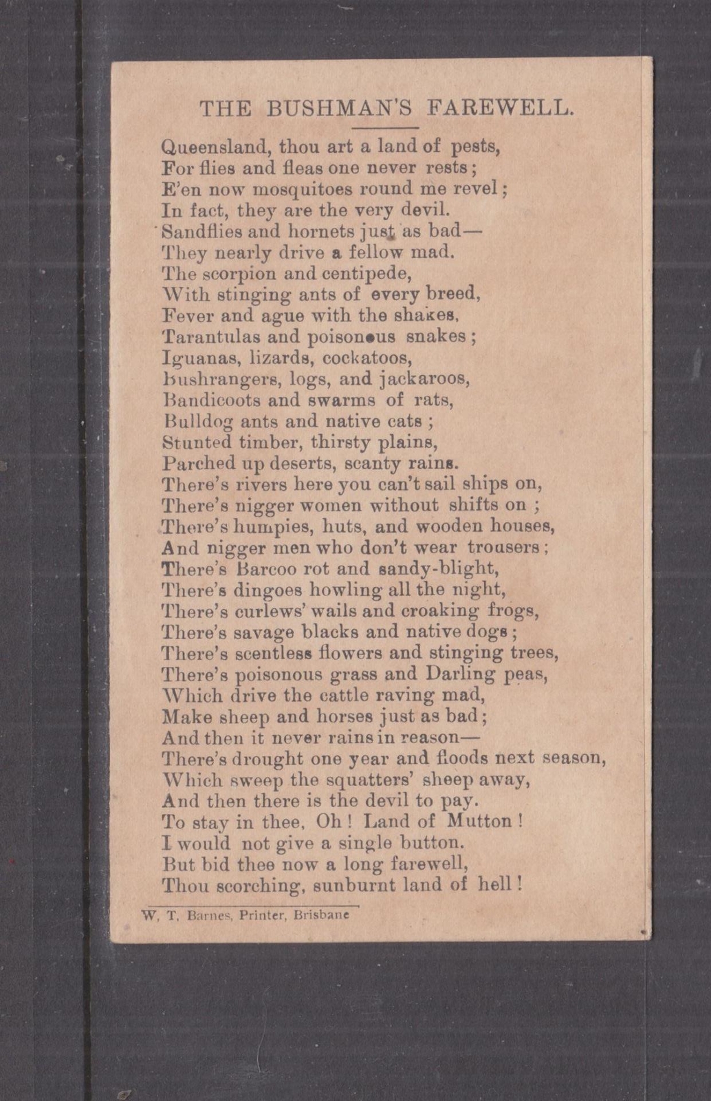 QUEENSLAND, THE BUSHMAN'S FAREWELL, POEM, c1920 ppc., unused. | eBay