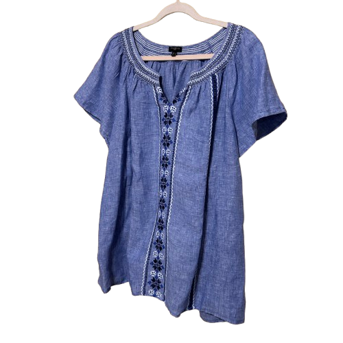 Talbots 100% Linen Tunic Top Women Size 3X Blue Embroidered Short ...