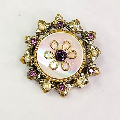 Coro Brooch Vtg Mother of Pearl Purple Rhinestones Gold Tone Runod Pin ...