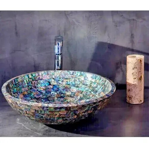 20" Abalone Shell Overlay Countertop Vessel Round Shaper Marble Wash ...
