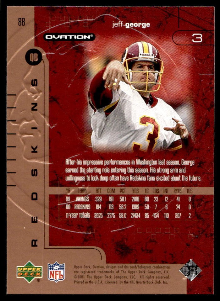 2001 Upper Deck Ovation 88 Jeff George Washington Redskins Football ...