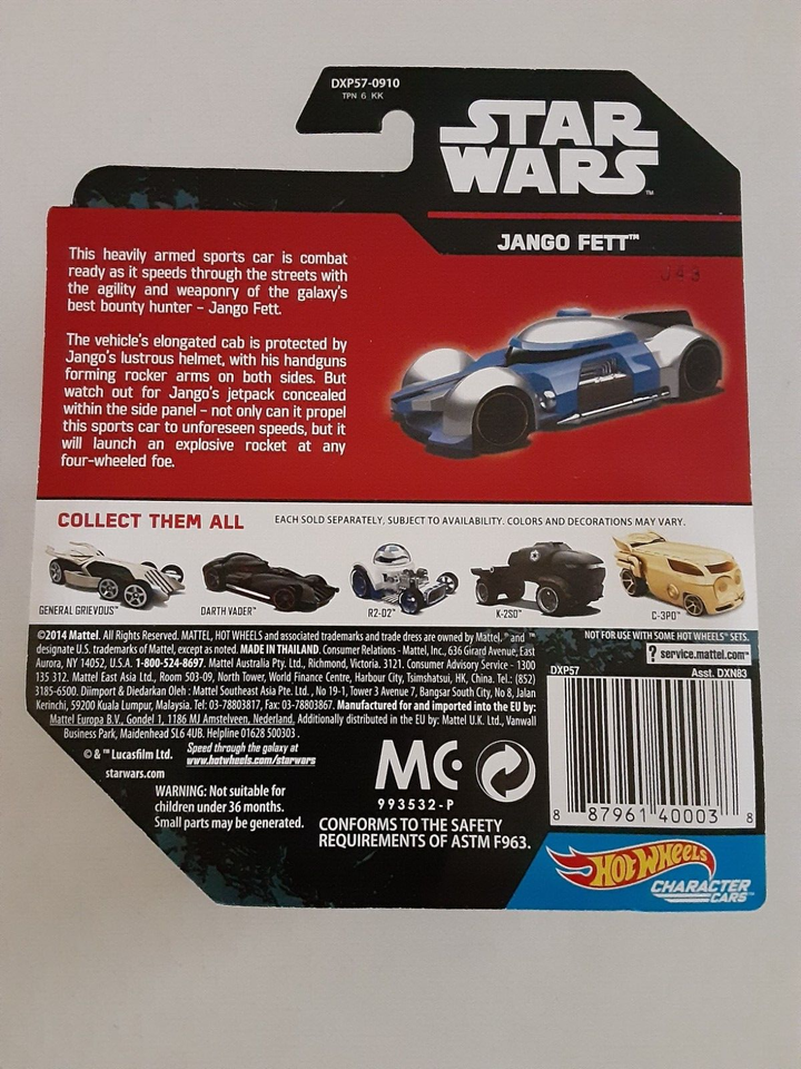 Disney Hot Wheels Star Wars Character Cars JANGO FETT Car MINT SEALED ...