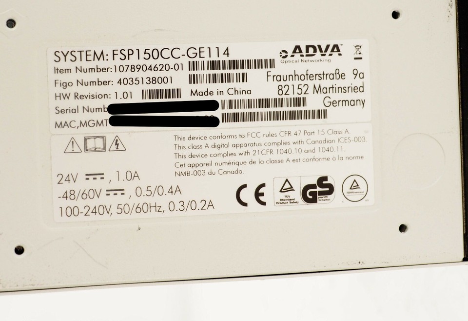 ADVA OPTICAL FSP150CC-GE114 ETHERJACK 100-240V AC 1078904620-01 ...