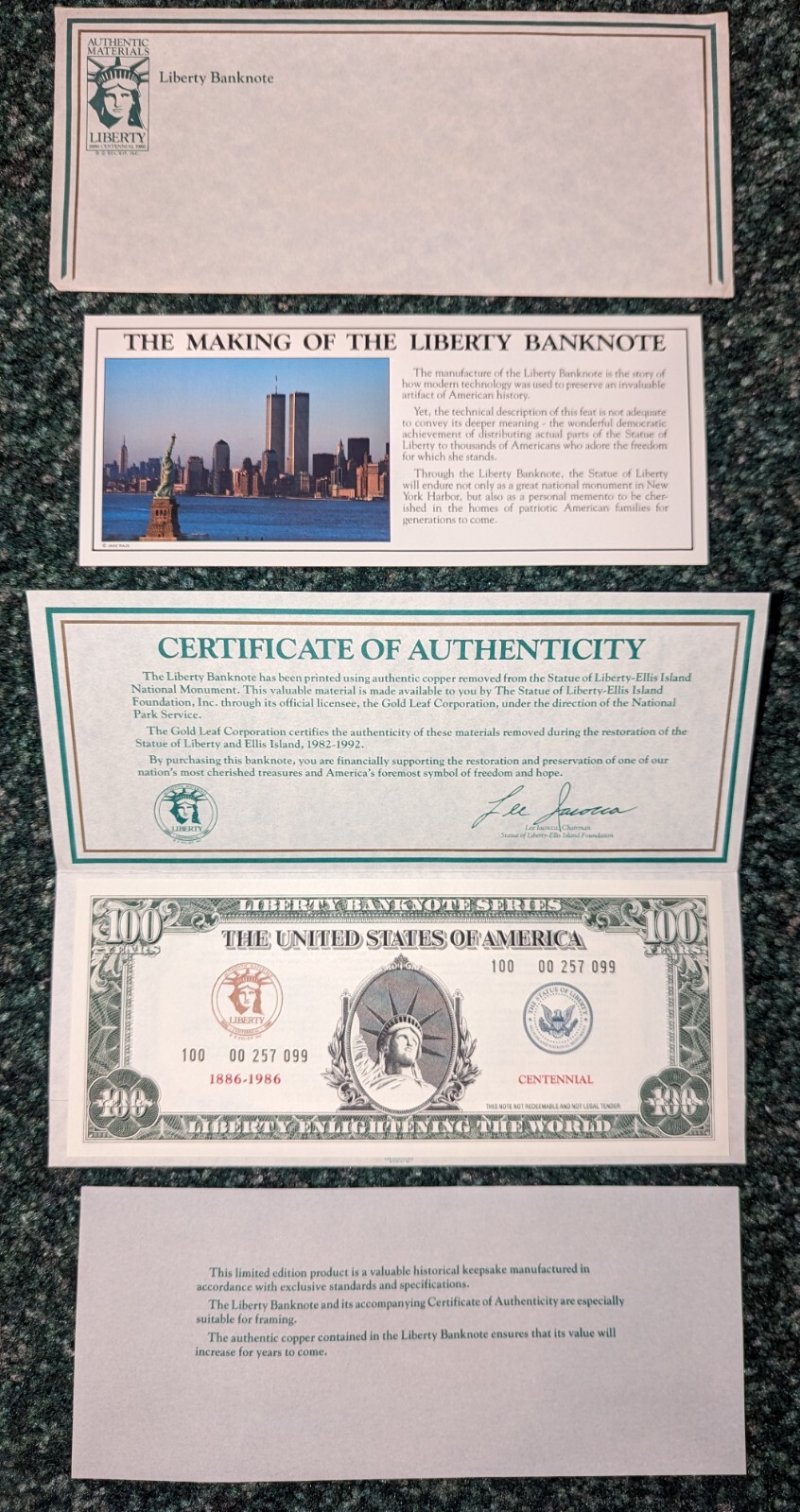 Statue Of Liberty Banknote 100 Years 1886-1986 Uncirculated With Sleeve ...