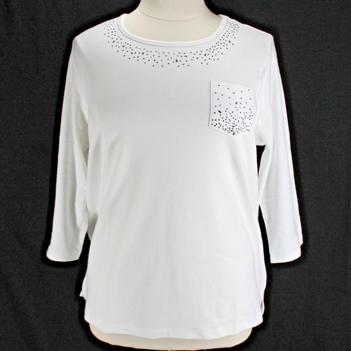 Quacker Factory Knit Top Womens Sz XL White Jewel Embellished 3/4 ...