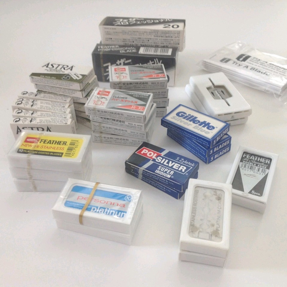 MINT LOT Safety Razors, Brushes, Stand, Blades: Merkur, Feather ...